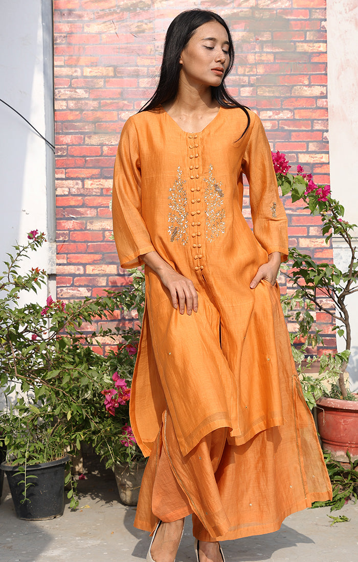 Dusty Orange Chanderi Kurta with Chanderi Palazzo – Ihaworld