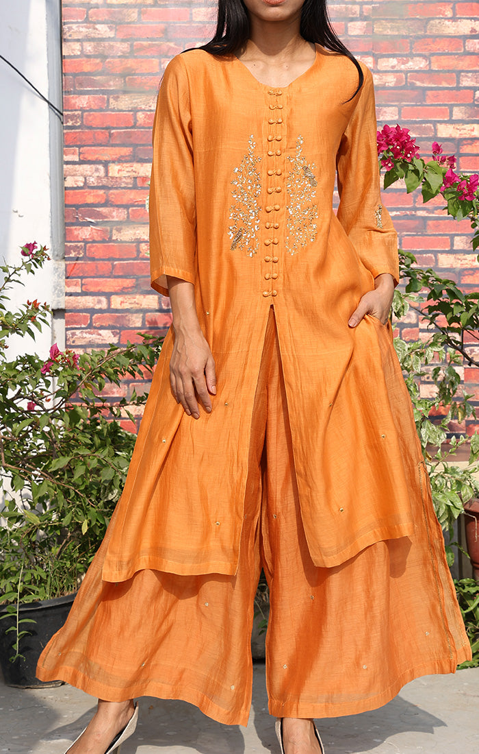 Dusty Orange Chanderi Kurta with Chanderi Palazzo – Ihaworld
